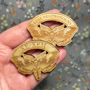 Wooden Pronoun Pins | Moth Pins | Wood Burning - Etsy