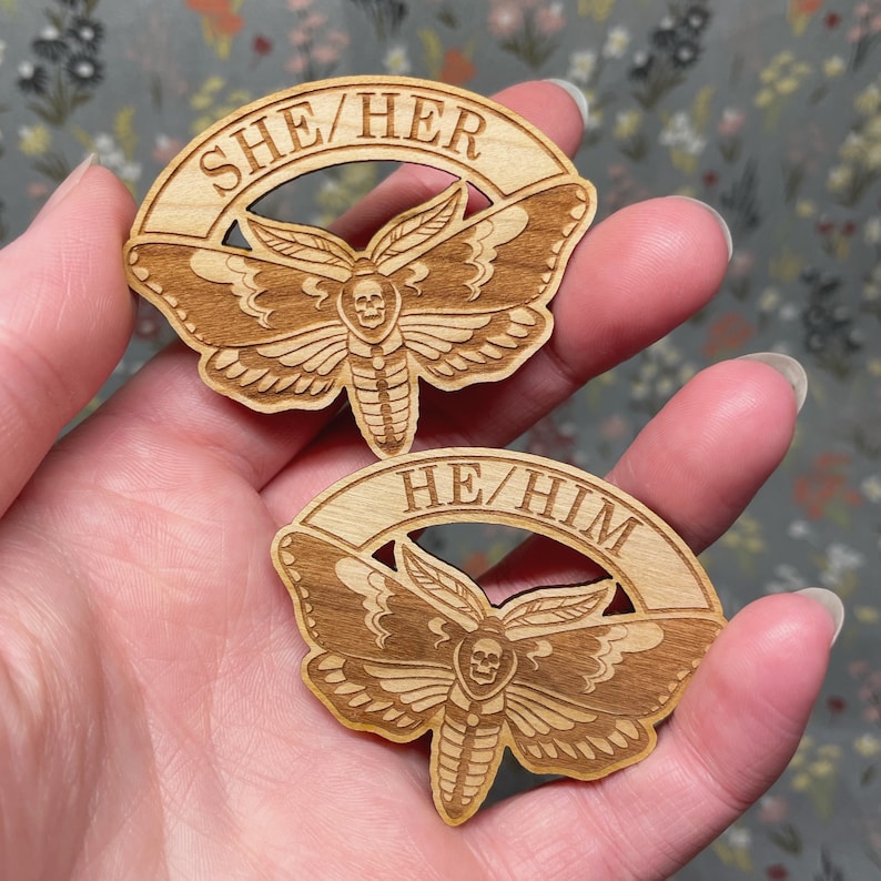 Wooden Pronoun Pins | Moth Pins | Wood Burning - Etsy