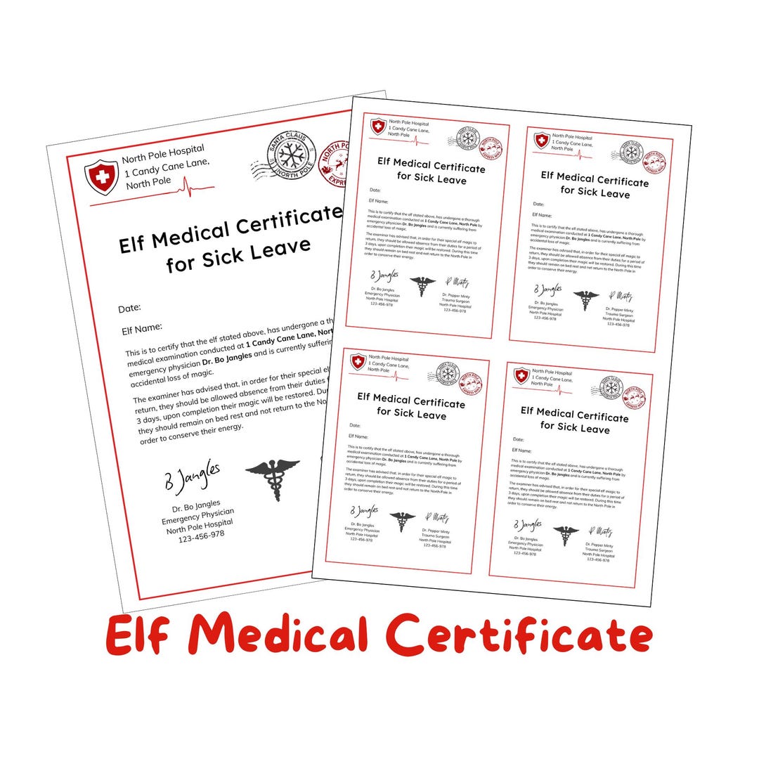 ELF Medical Certificate | North Pole Hospital | Sick Leave - Etsy