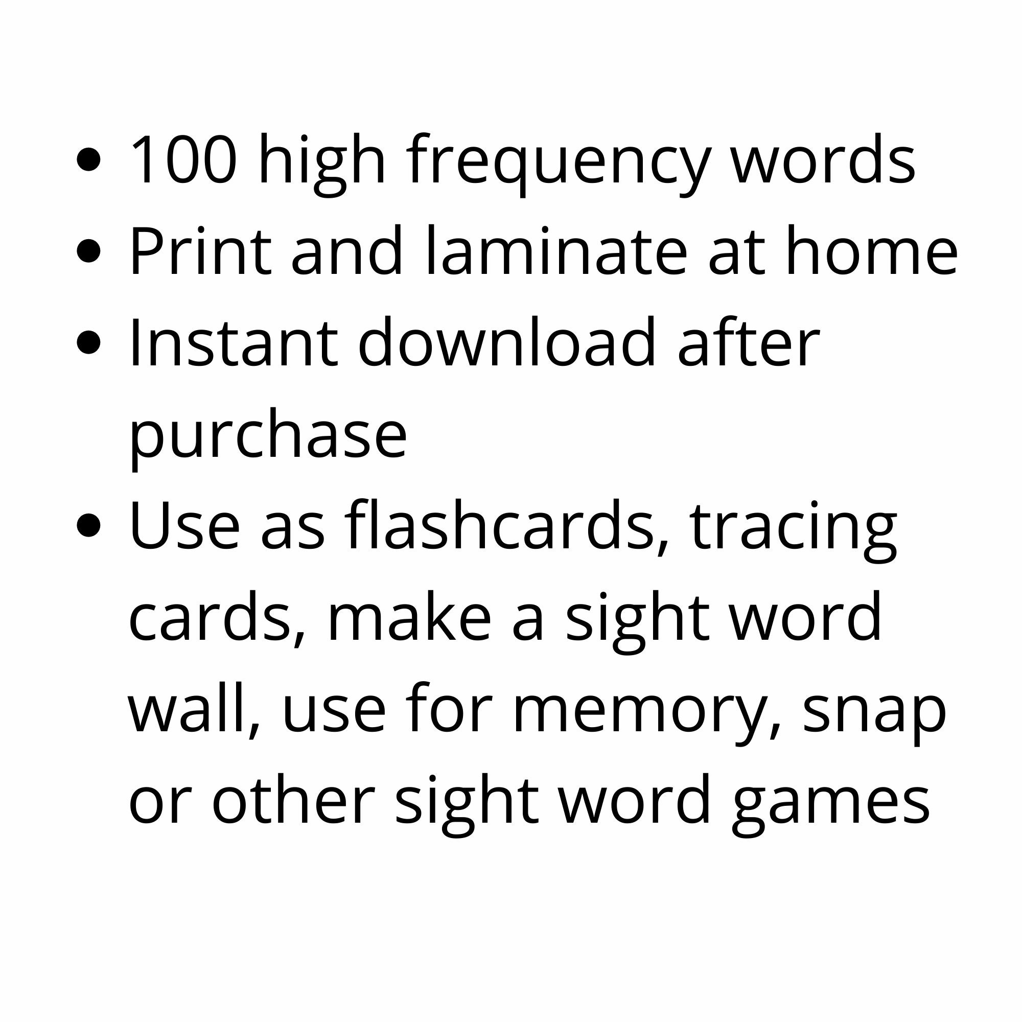 Sight Word Flash Cards: 100 High Frequency Words (digital Download) - Etsy