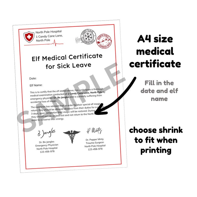 ELF Medical Certificate | North Pole Hospital | Sick Leave - Etsy