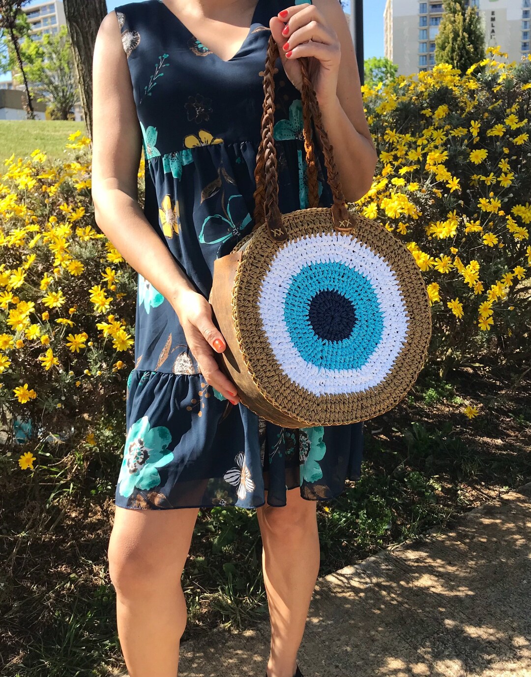 Circle Knitting Bag, Crochet Evil Eye Bag, Circle Tote Purse, Round ...
