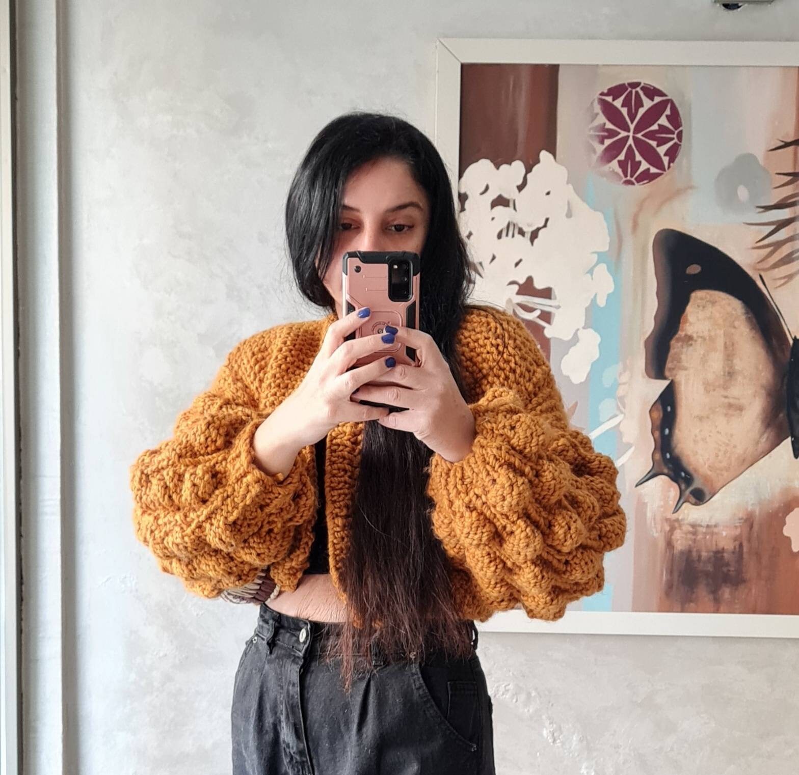 Yellow Knitting Cropped Balloon Cardigan, Yellow Knit Sweater, Yellow ...