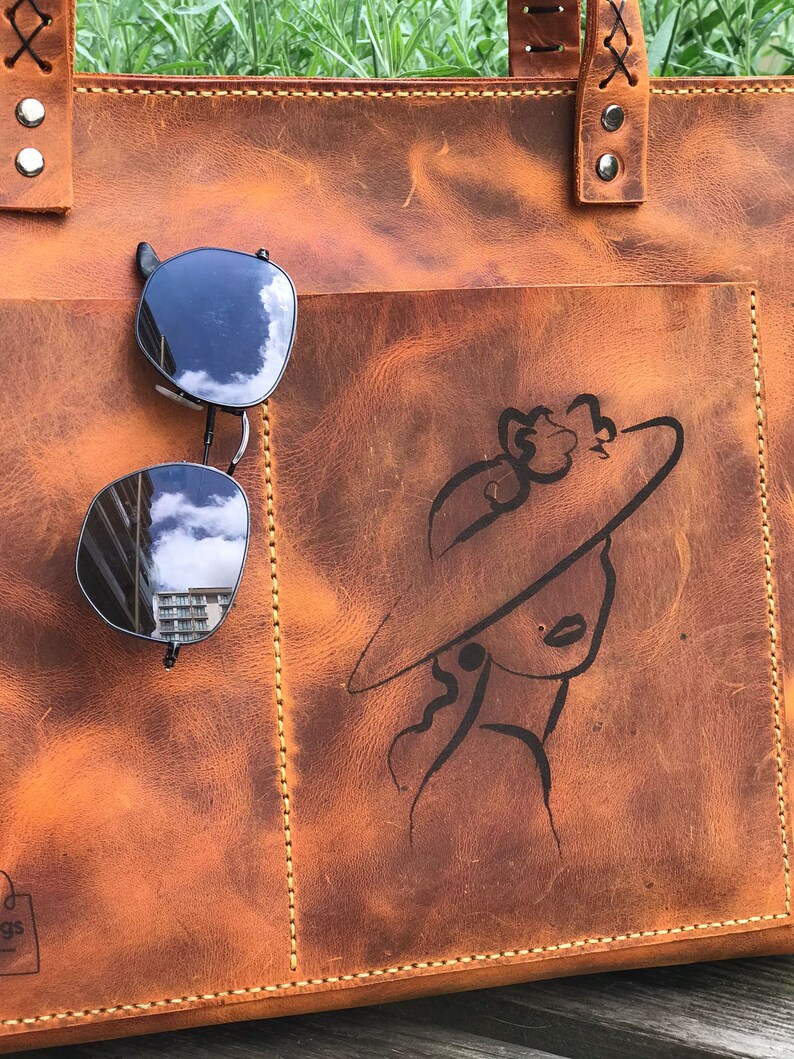 Tote Bag With Pockets Leather Custom Tote Personalized Large - Etsy