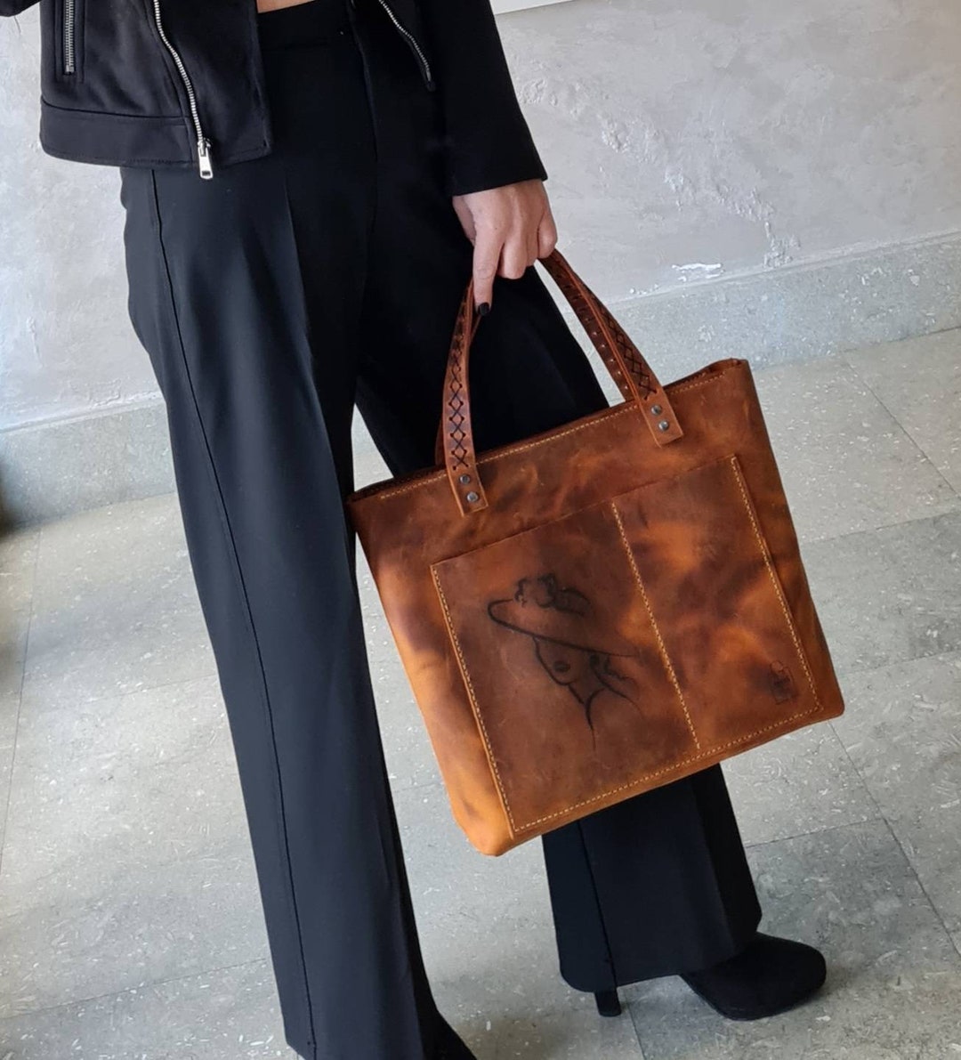 Large Leather Tote Bag in Tan Color With Zipper, Leather Tote Purse for ...