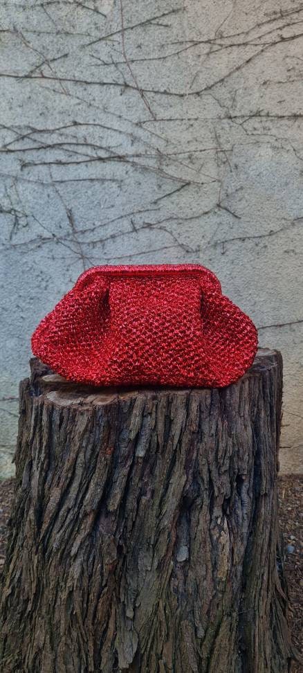 Red Raffia Clutch Bag, Raffia Pouch Bag, Red Evening Clutch, Metallic ...