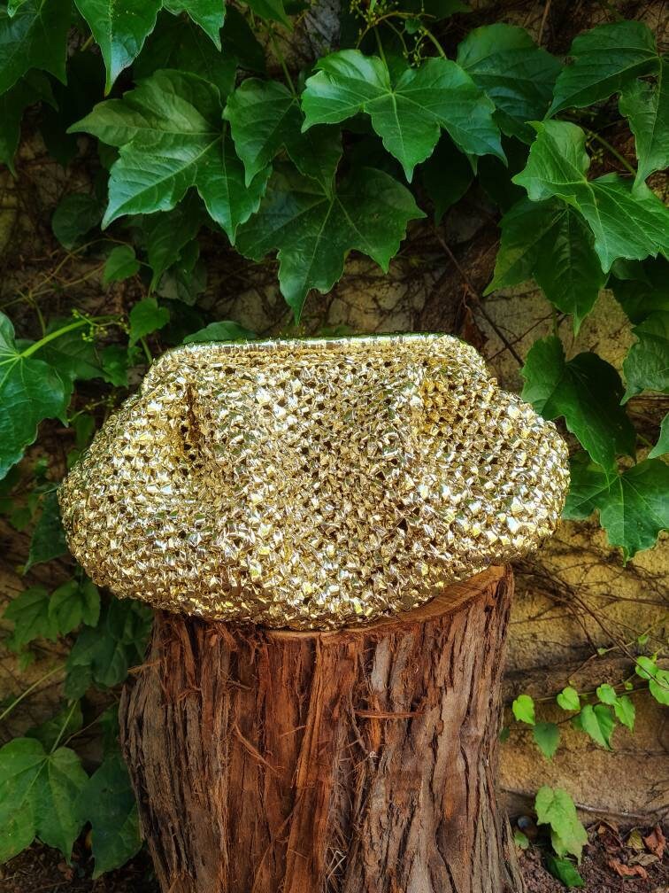 Raffia Bag With Metallic Raffia Yarn in Golden Evening Clutch - Etsy