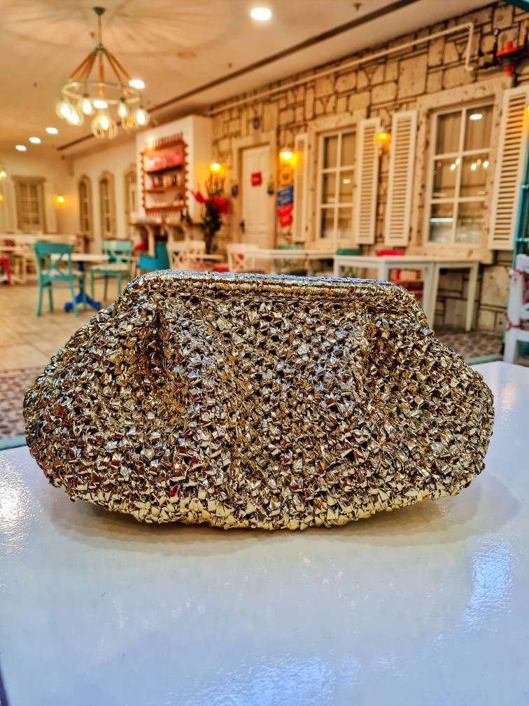Raffia Bag With Metallic Raffia Yarn in Golden Evening Clutch - Etsy