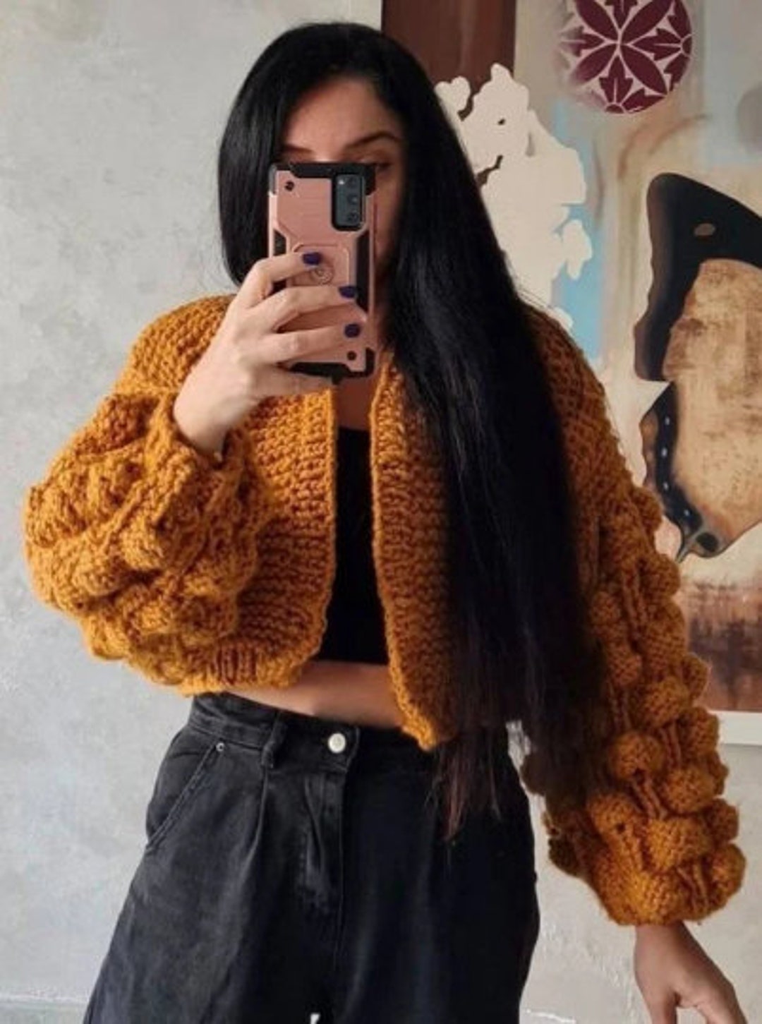 Yellow Knitting Cropped Balloon Cardigan, Yellow Knit Sweater, Yellow ...