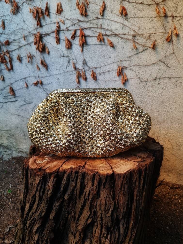 Raffia Bag With Metallic Raffia Yarn in Golden Evening Clutch - Etsy