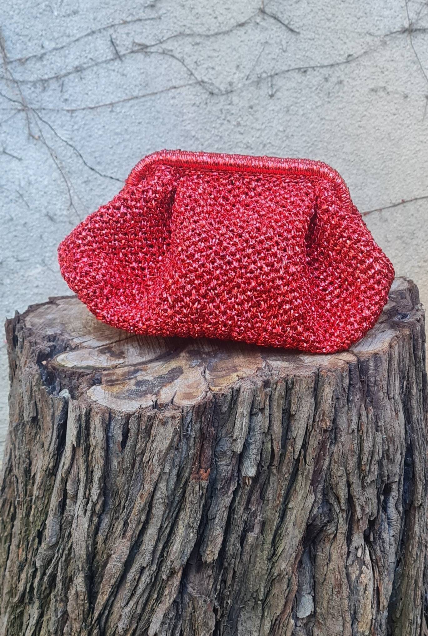 Red Raffia Clutch Bag, Raffia Pouch Bag, Red Evening Clutch, Metallic ...