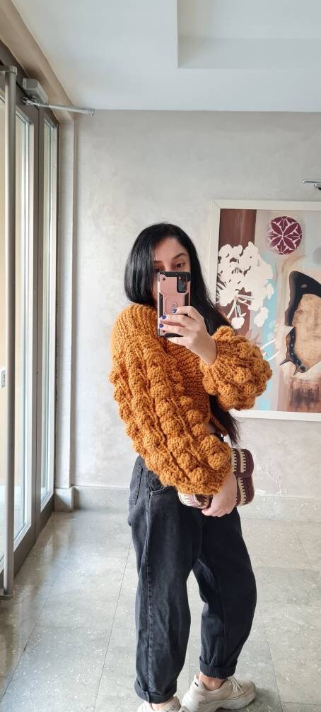 Yellow Knitting Cropped Balloon Cardigan, Yellow Knit Sweater, Yellow ...