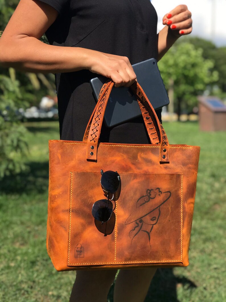 Tote Bag With Pockets Leather Custom Tote Personalized Large - Etsy