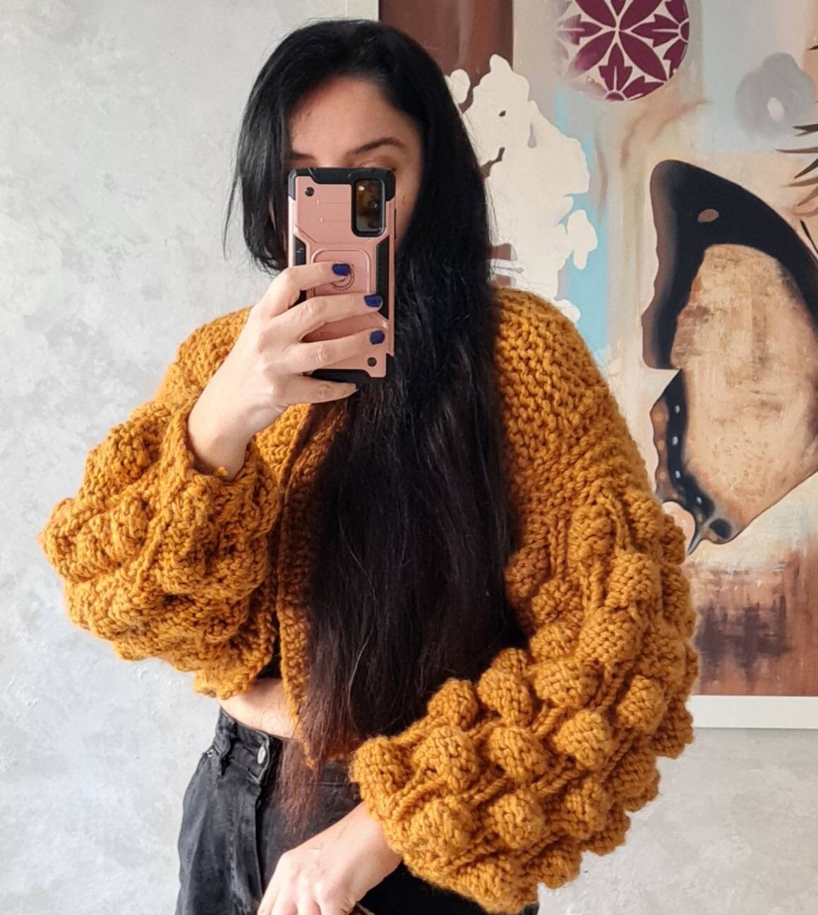 Yellow Knitting Cropped Balloon Cardigan, Yellow Knit Sweater, Yellow ...