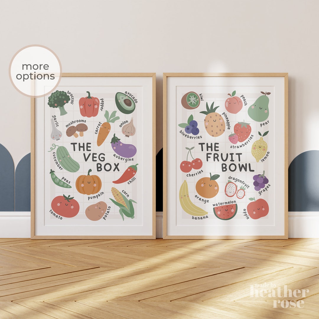 Educational Wall Art, Fruits and Vegetables, Set of 2 Prints, Childrens ...