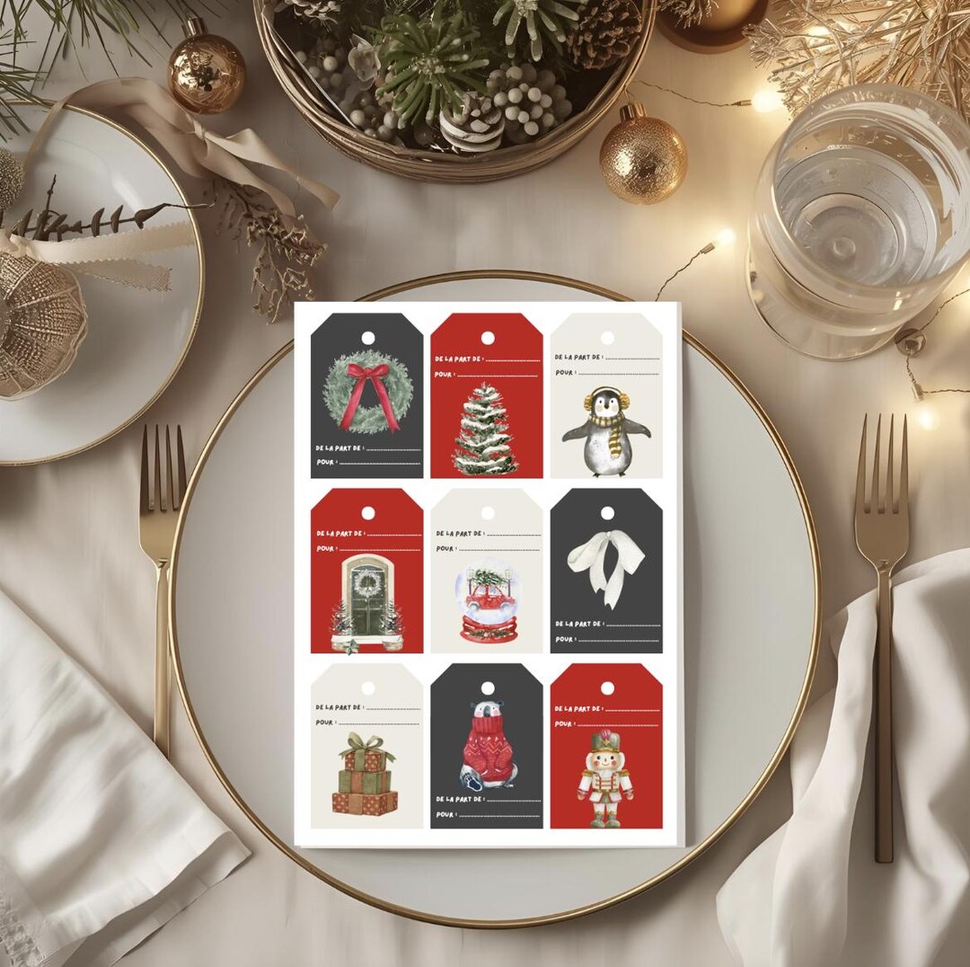 Printable Christmas Gift Tags in French (PDF) – Watercolor Stickers and ...