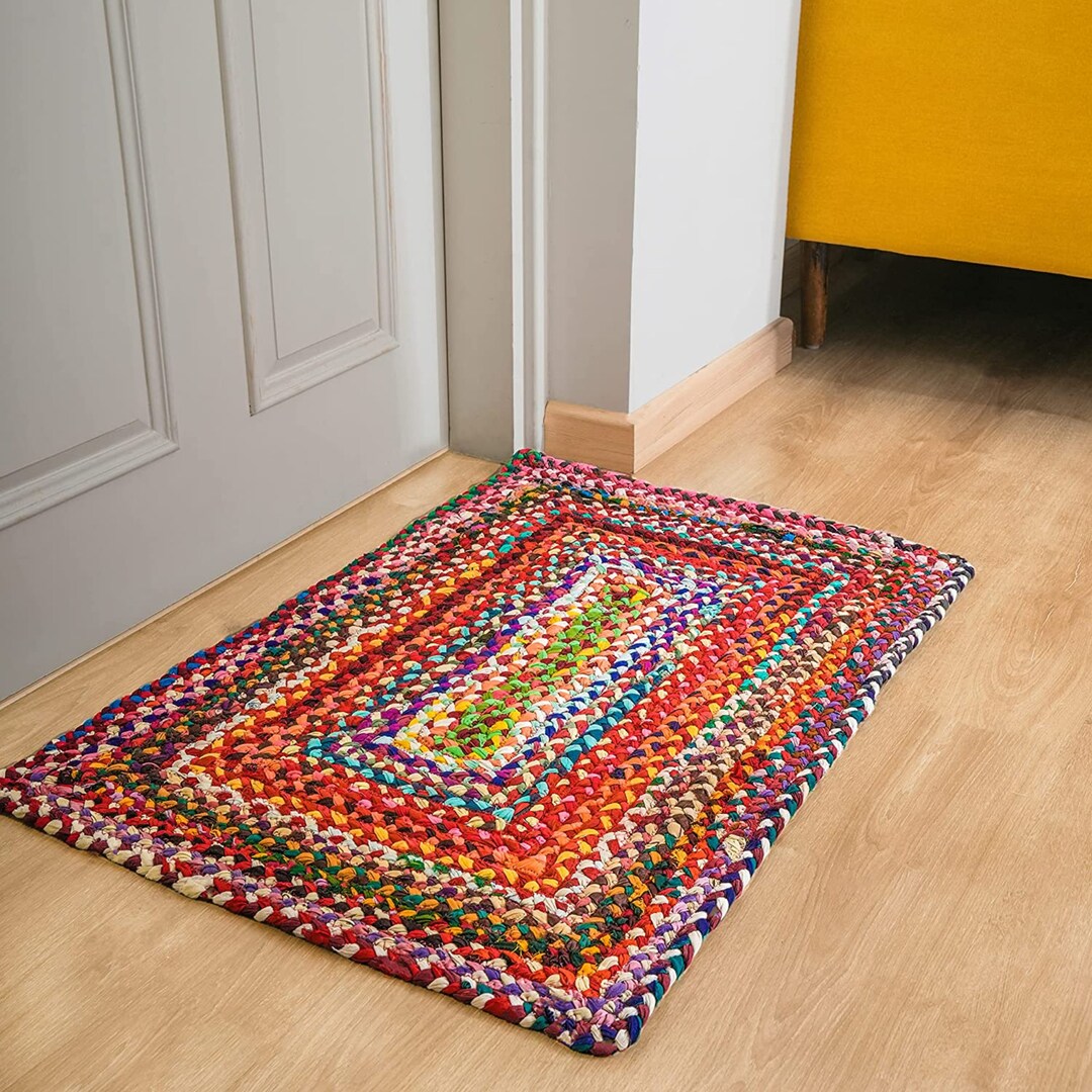 Colorful Rug, Hand Braided 24 X 36 Inch Bohemian Cotton Chindi Accent ...