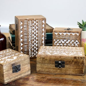 Wooden Jewellery Box Aztec Design White Washed Three Sizes Available ...
