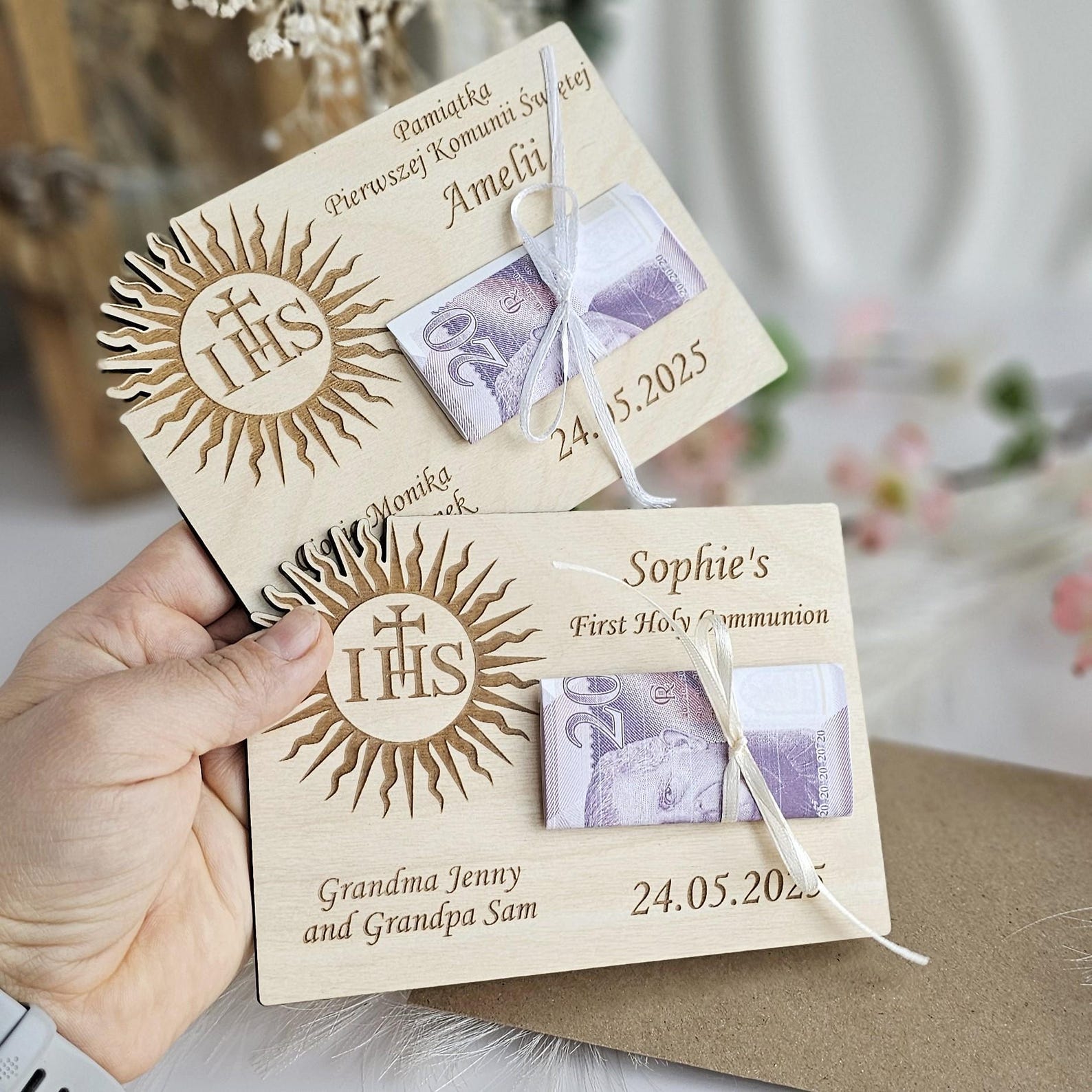 First Holy Communion Gift - Money Wallet Card - Personalised Wooden IHS ...