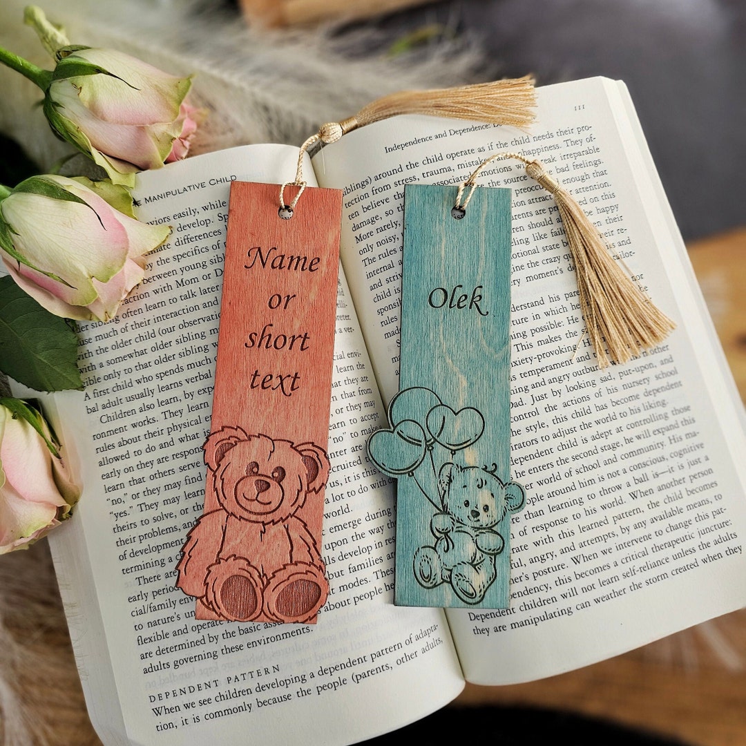 Personalised Teddy Bear Wooden Bookmark for Children, Laser Engraved ...