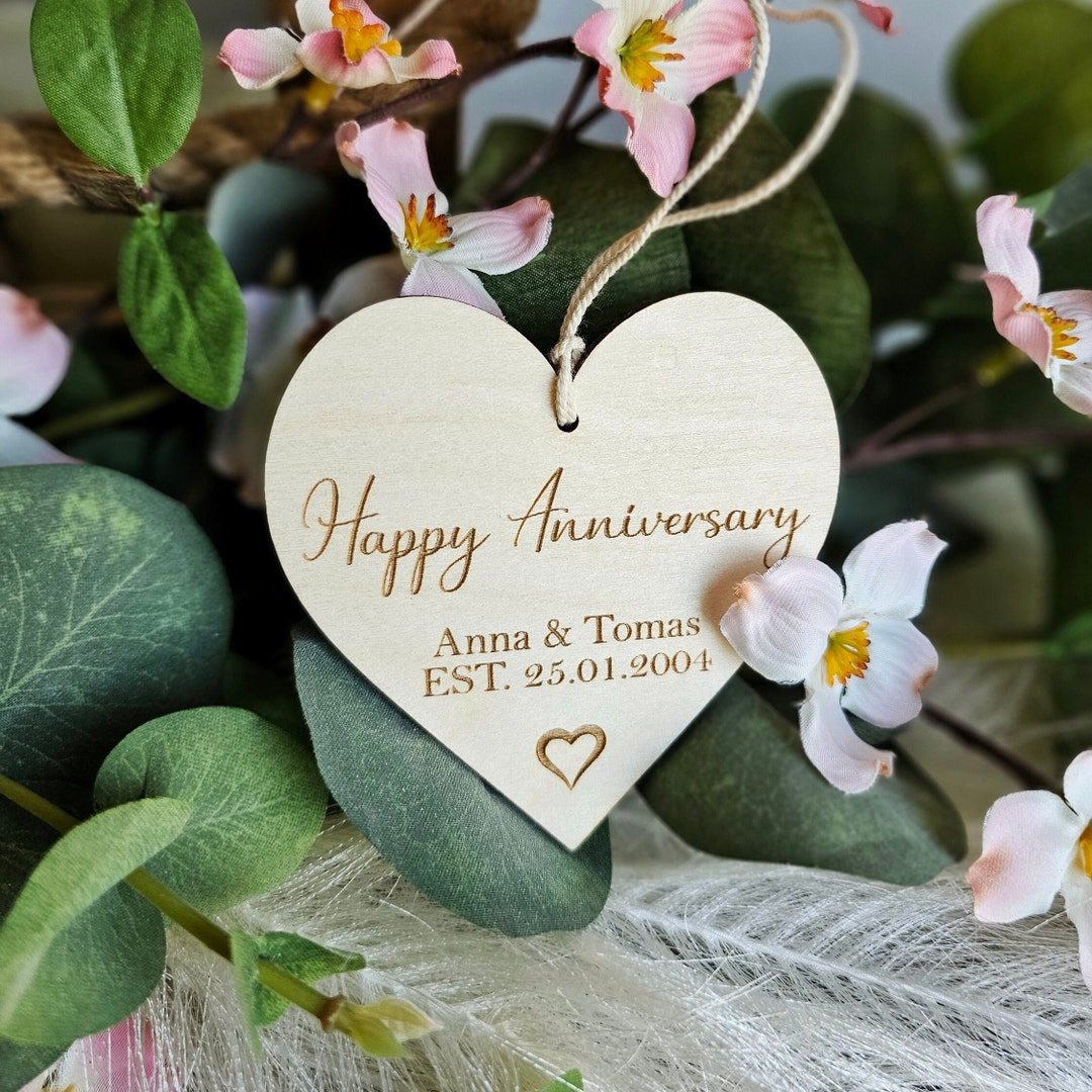 Anniversary Gift Tag Wooden Ornament, Personalised Rustic Boho Couple ...