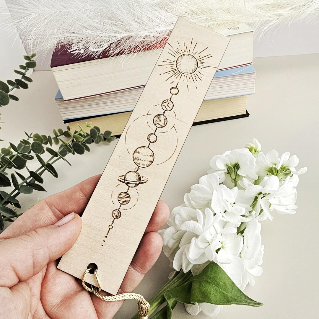 Solar System Bookmark - Moon and Planets With Mystical Line Art Wooden ...