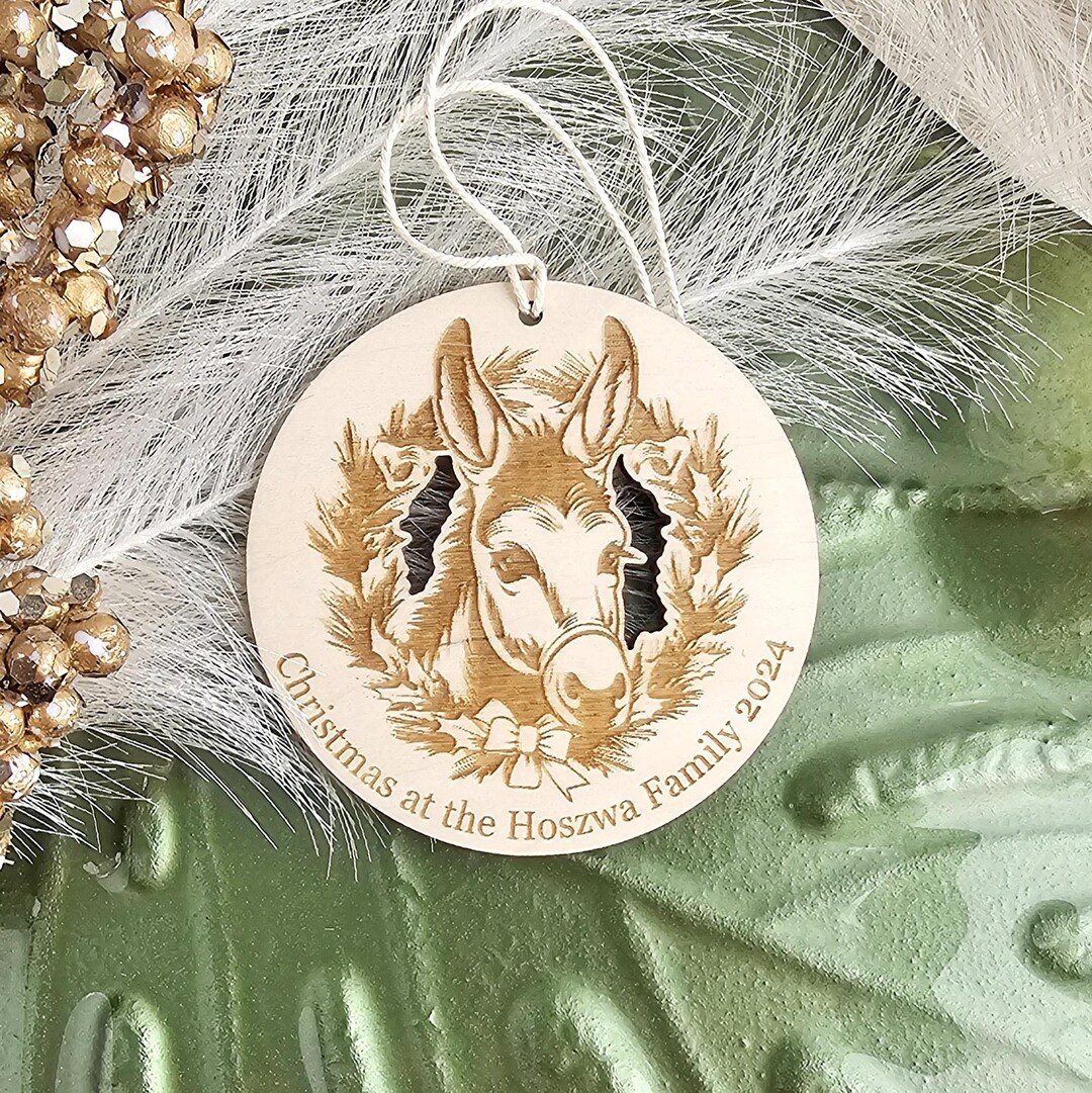 Floral Wreath Donkey Wooden Bauble Christmas Ornament - Customizable ...