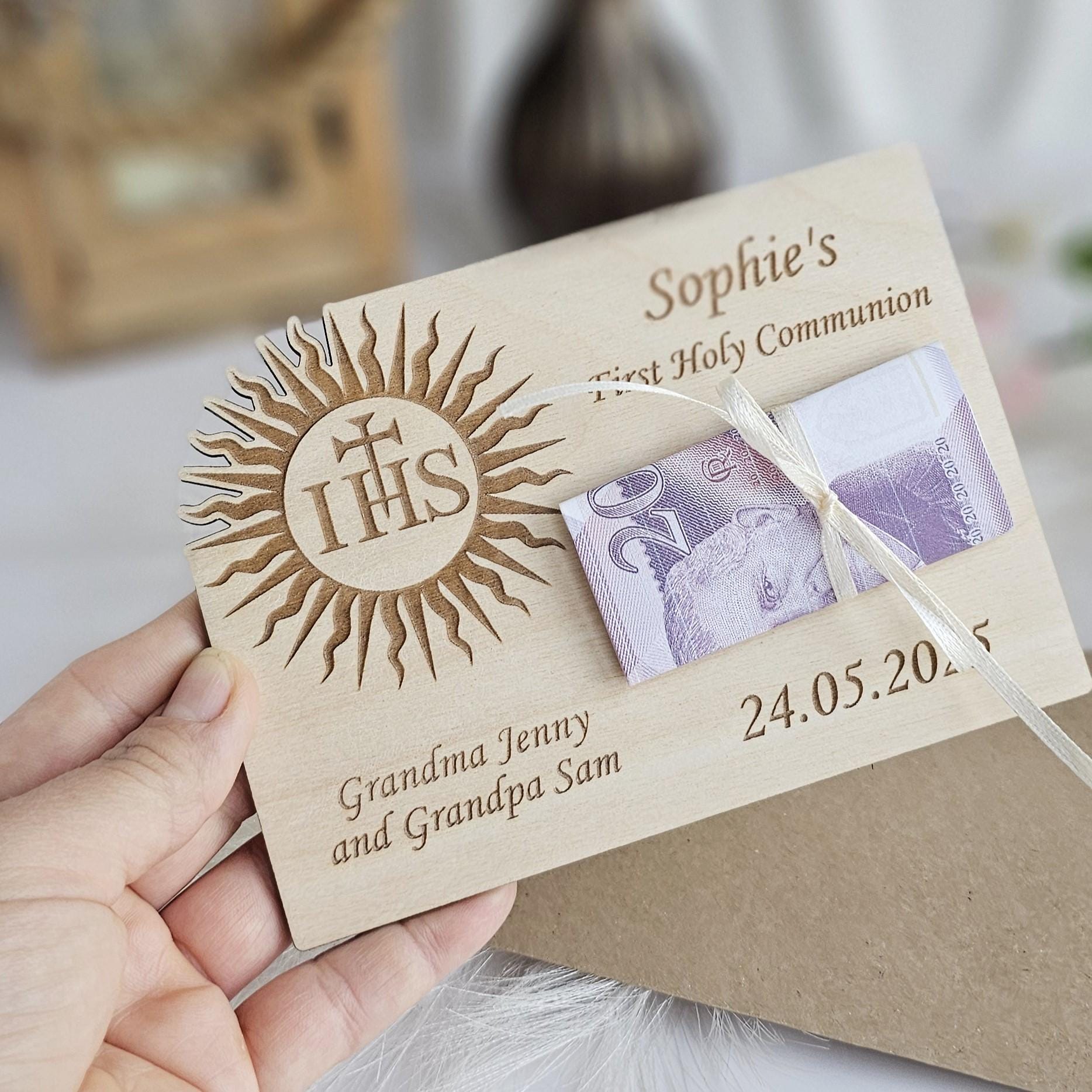 First Holy Communion Gift - Money Wallet Card - Personalised Wooden IHS ...
