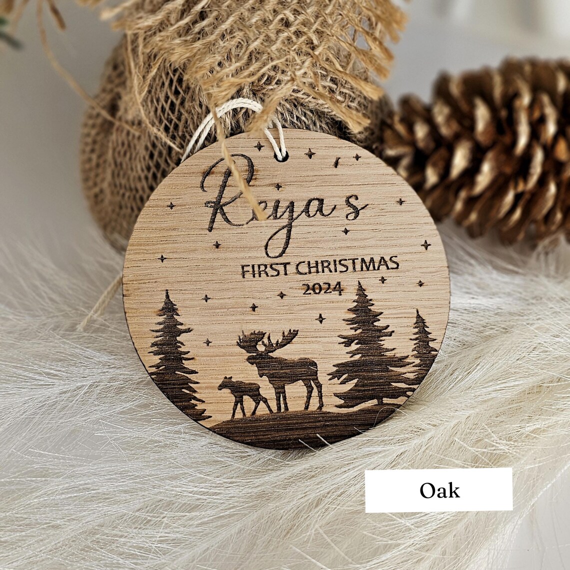Personalised Baby's First Christmas Tree Bauble - Round Wooden Ornament ...