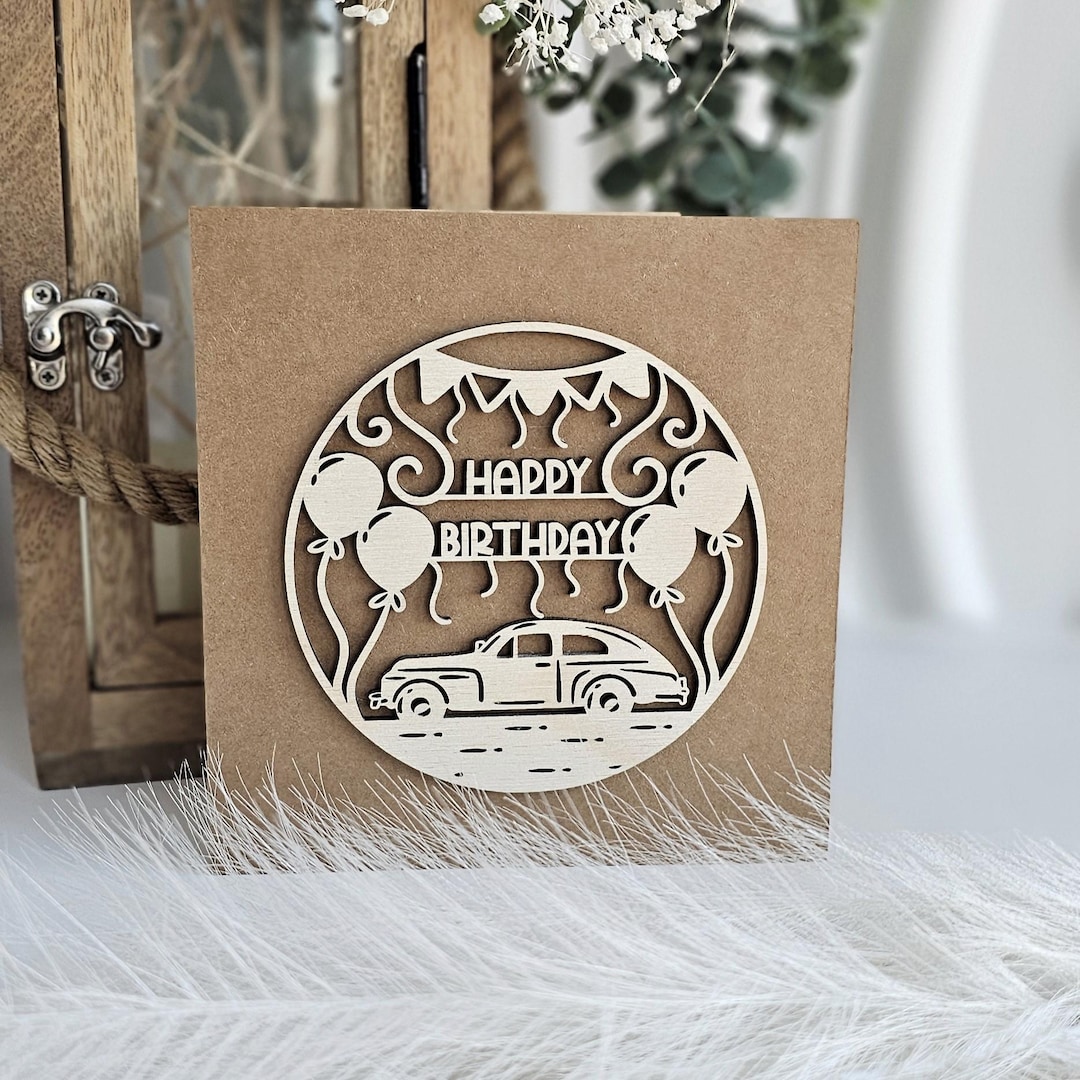 Vintage Car Birthday Card Wooden Keepsake With Balloons, Classic Car ...