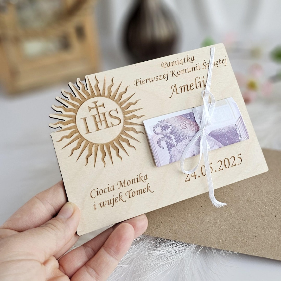 First Holy Communion Gift - Money Wallet Card - Personalised Wooden IHS ...