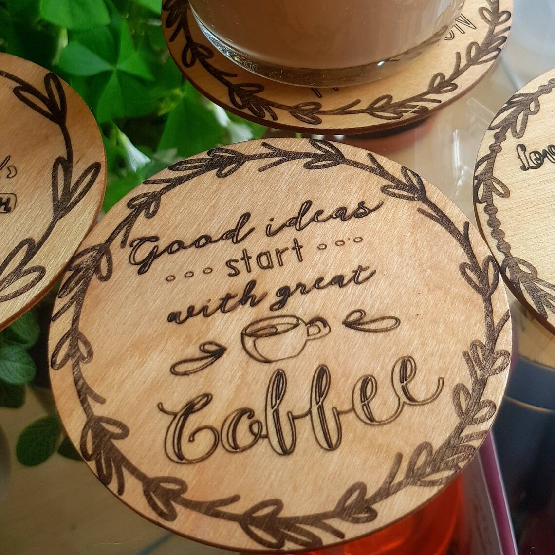 Wooden coasters for coffee lovers laser engraved 10cm/4 | Etsy