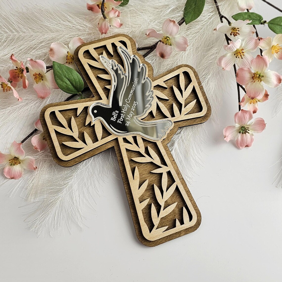 First Holy Communion Cross Gift, Personalised Wooden Cross With Dove ...