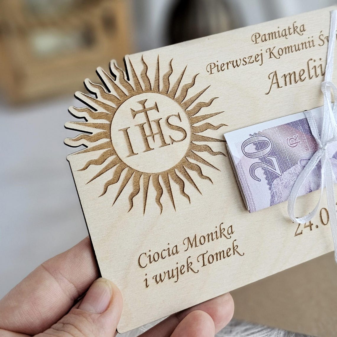 First Holy Communion Gift - Money Wallet Card - Personalised Wooden IHS ...
