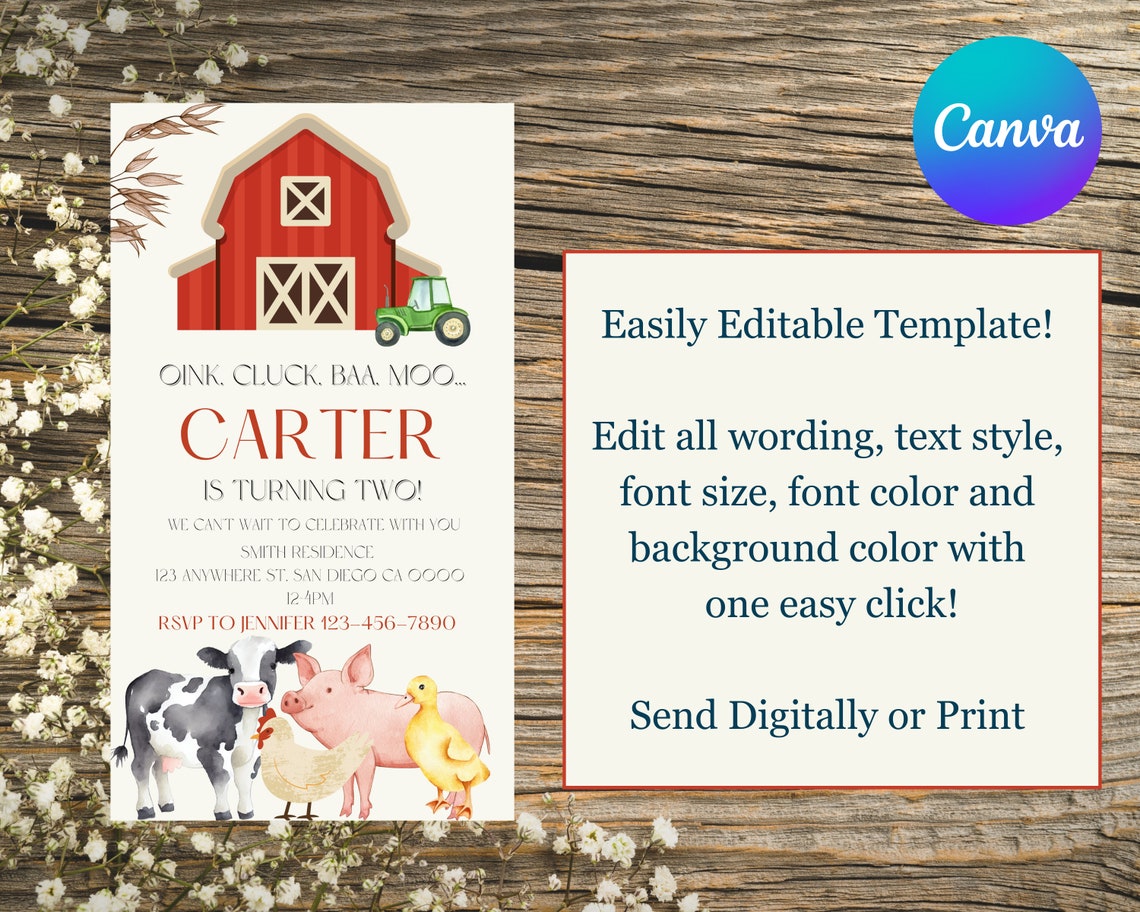 Editable Farm Birthday Invitation, Barn Party, Digital Invite, Farm ...