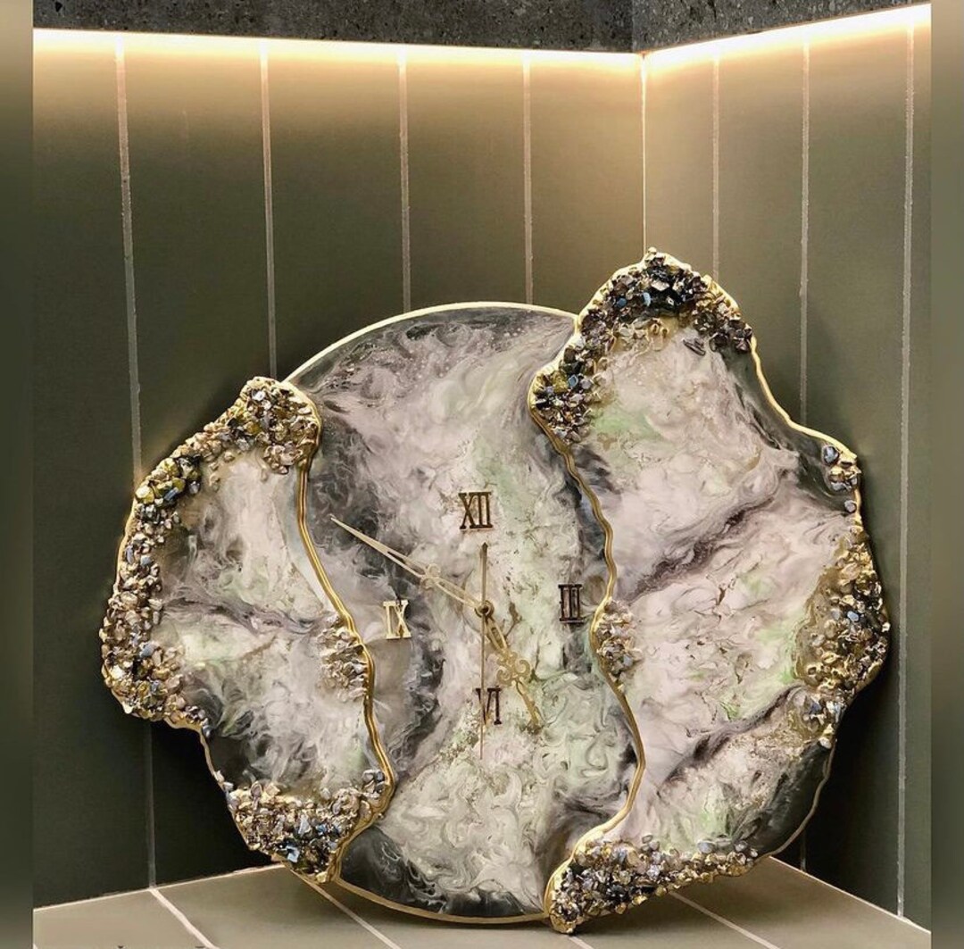 Handmade Resin Wall Clock With Golden Coated Glittered Crystals and ...