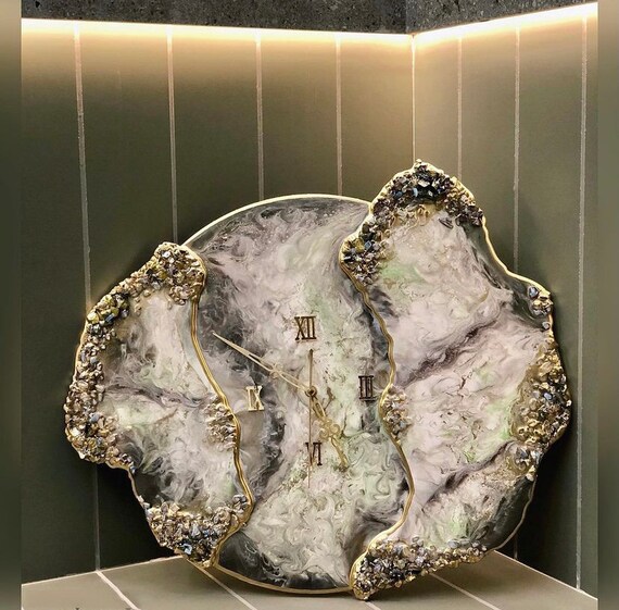 Handmade Resin Wall Clock With Golden Coated Glittered | Etsy