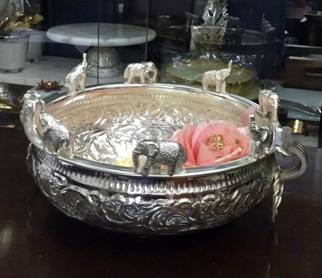 Elephant Design Ethnic Silver Plated Brass 10 Inches Decor Urli ...