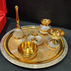 Handcrafted Brass Pooja Thali Set | Gold & Silver Tone, Diwali Gift - Etsy