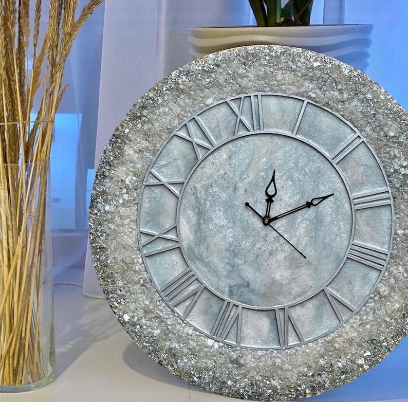 Handmade Resin Geode Wall Clock With Silver Glitter Crystals, 18 Inch ...
