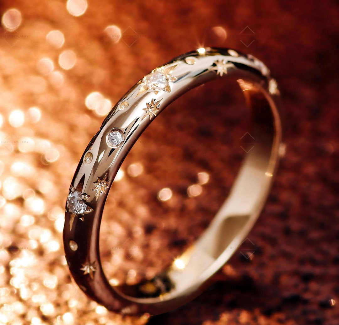 Moissanite Diamond Starburst Wedding Band Ring, 14k Solid Gold Dainty ...