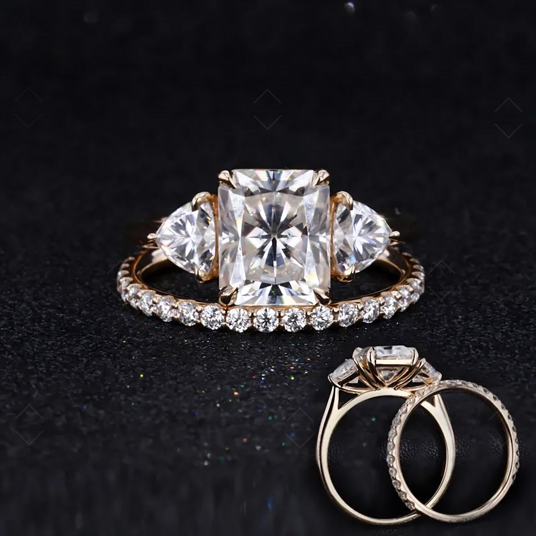 5 Carat Radiant With Trillion Cut Moissanite 3 Stone Engagement Ring ...