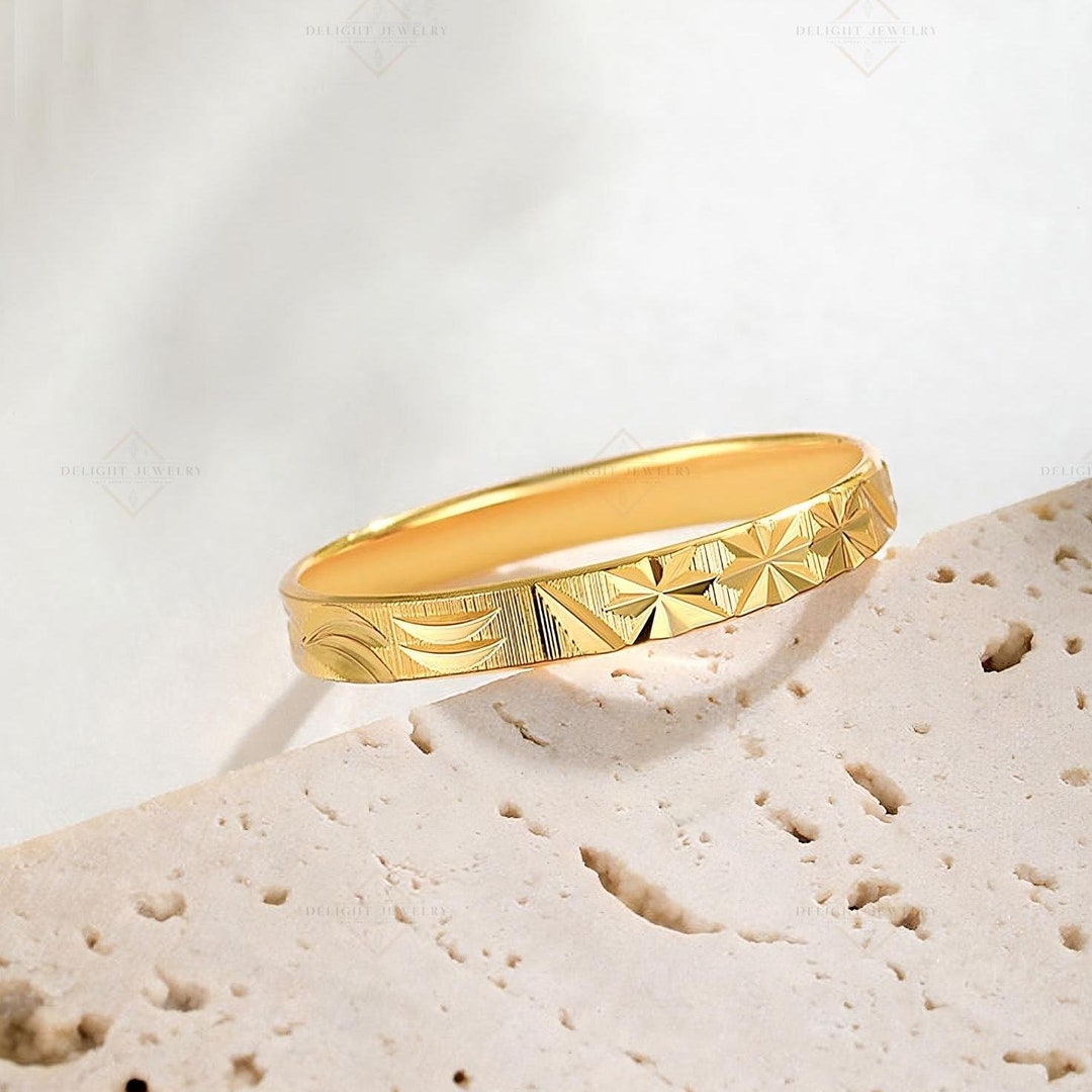 Gold Floral Band, Minimal Band Ring, Simple Ring, Floral Ring, Stacking ...
