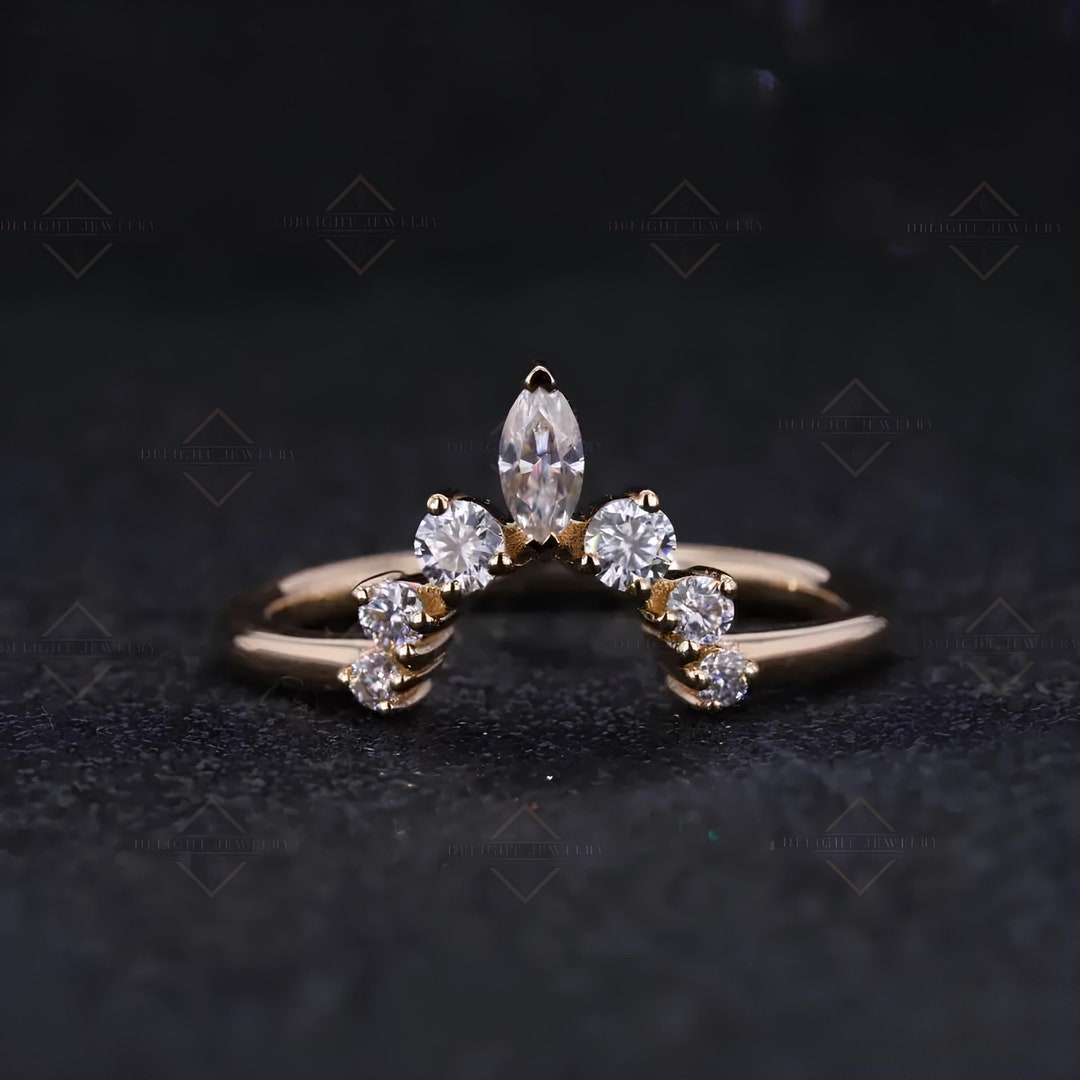 Vintage Tiara Ring Marquise and Round Moissanite Ring Unique Tiara Curved Stacking Ring Chevron ...