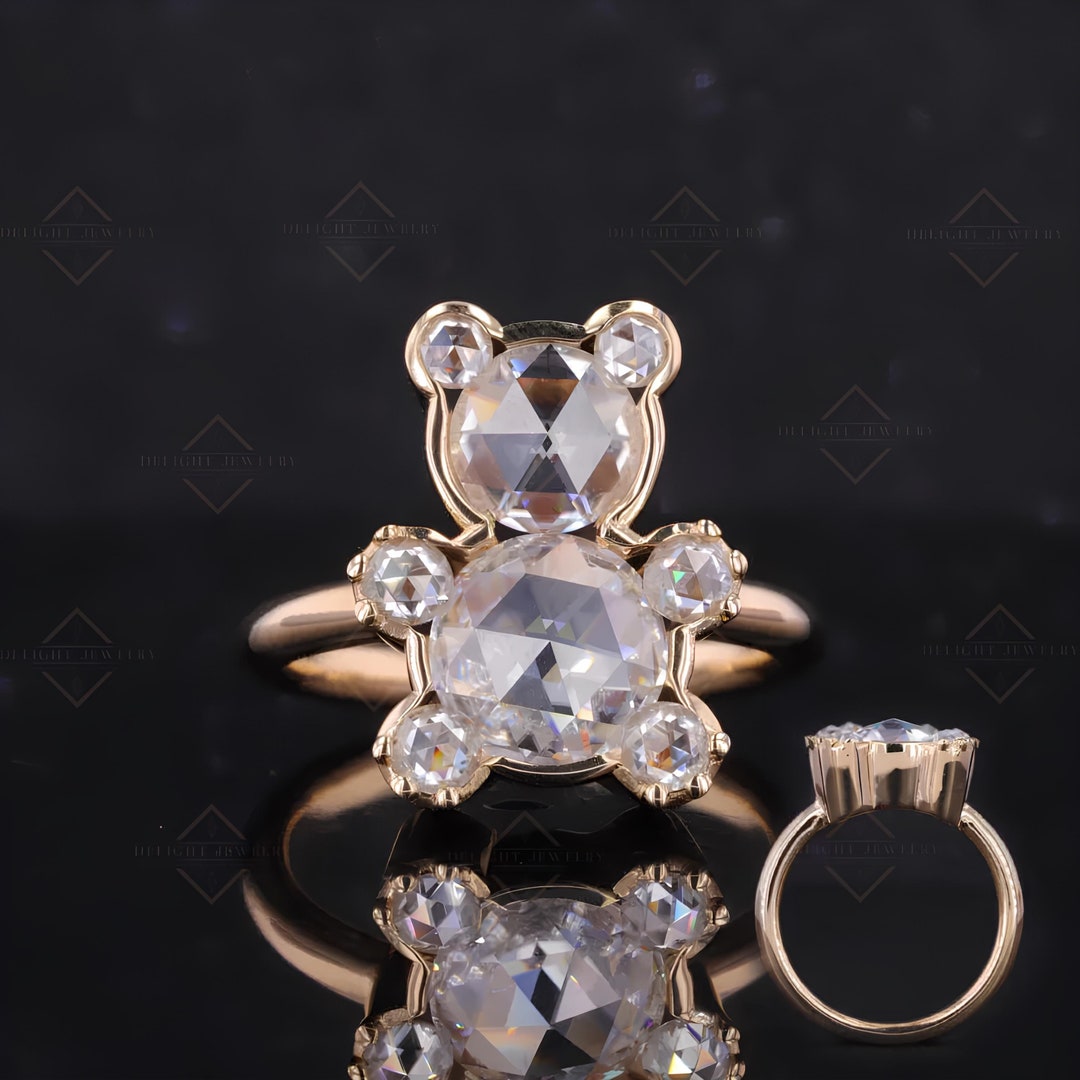 Sweet Teddy Bear Shape Round Rose Cut Moissanite Bezel Set Ring ...