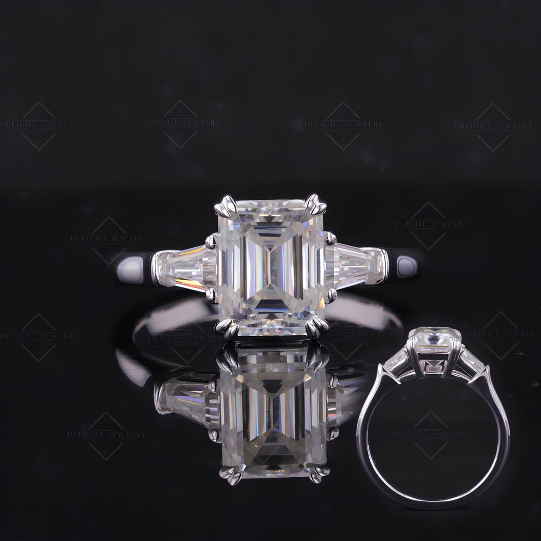 Three Stone Emerald Cut Moissanite Engagement Ring |14K Gold Trilogy ...