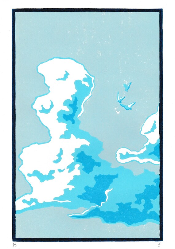 Blue Sky With Clouds and Birds Linocut Print A4 Wall Art - Etsy UK