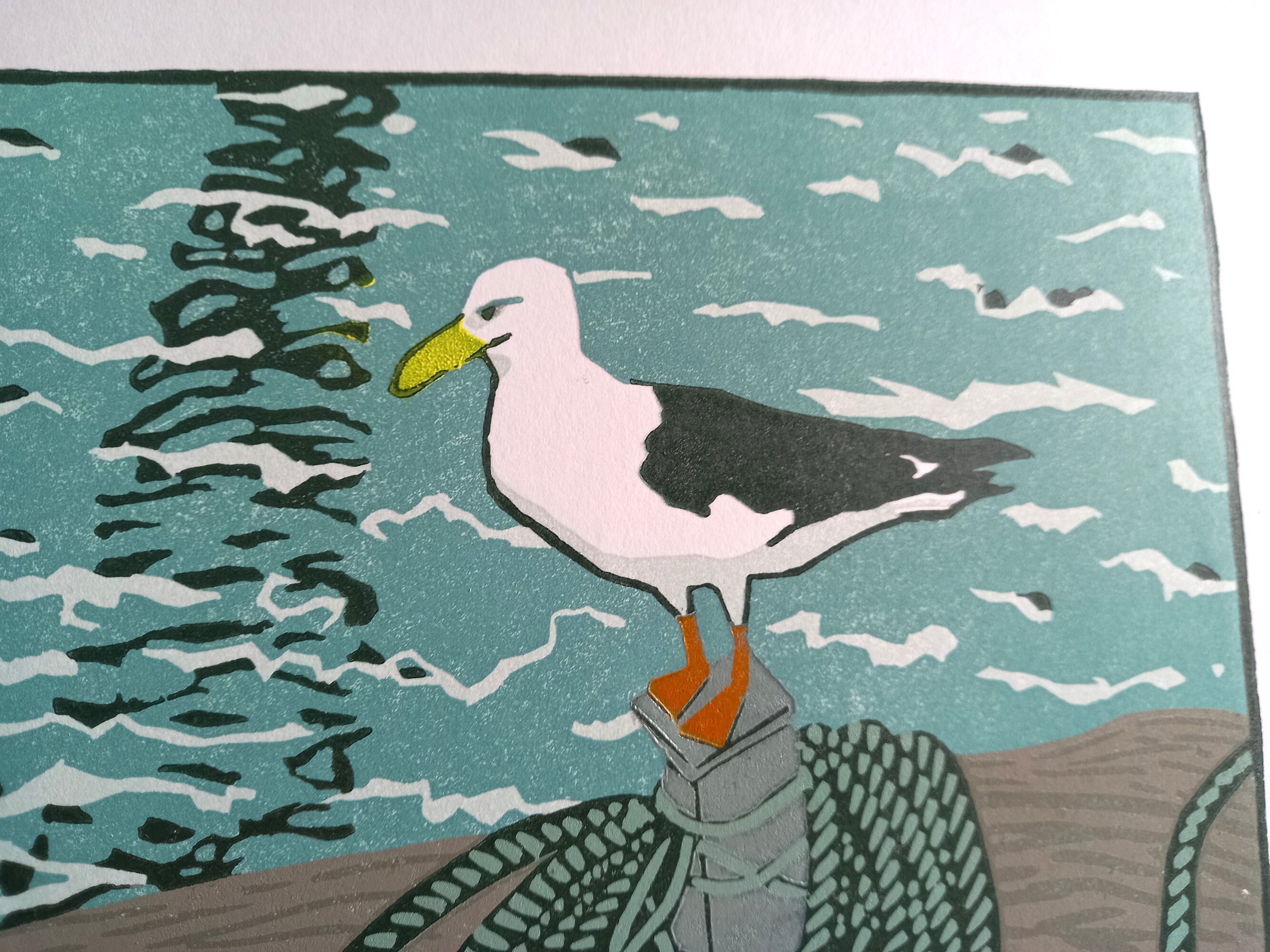 Seagull and Ropes on A Boat Linocut, Bird Seascape Print, A4 Animal ...