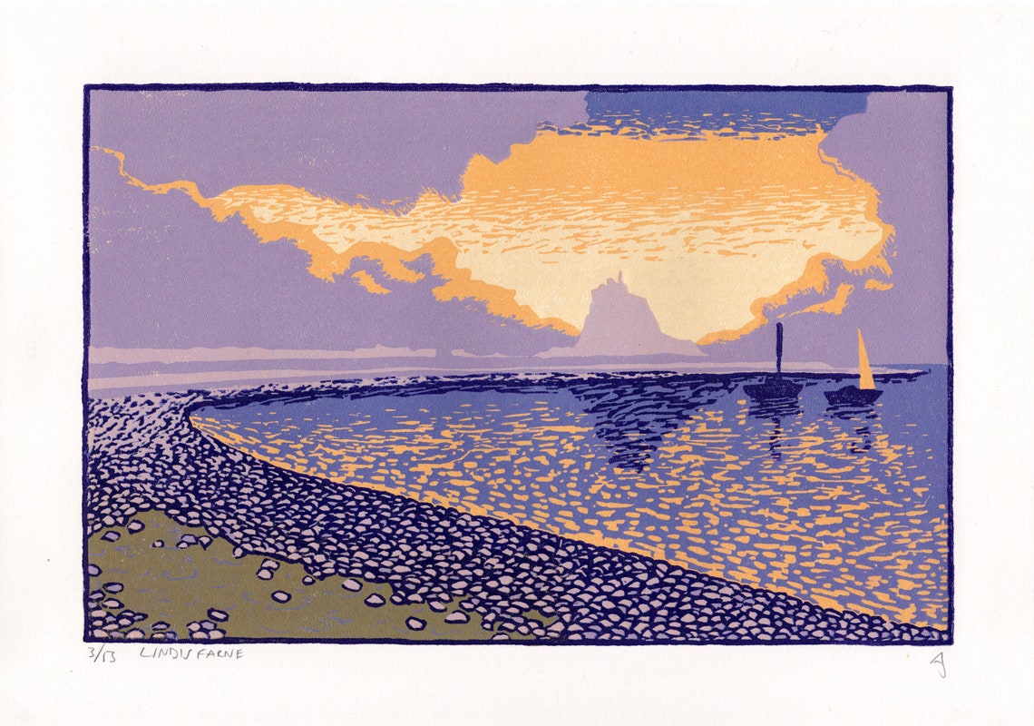 Lindisfarne Sunset Beach Linocut, Northumberland Coast Landscape Lino ...