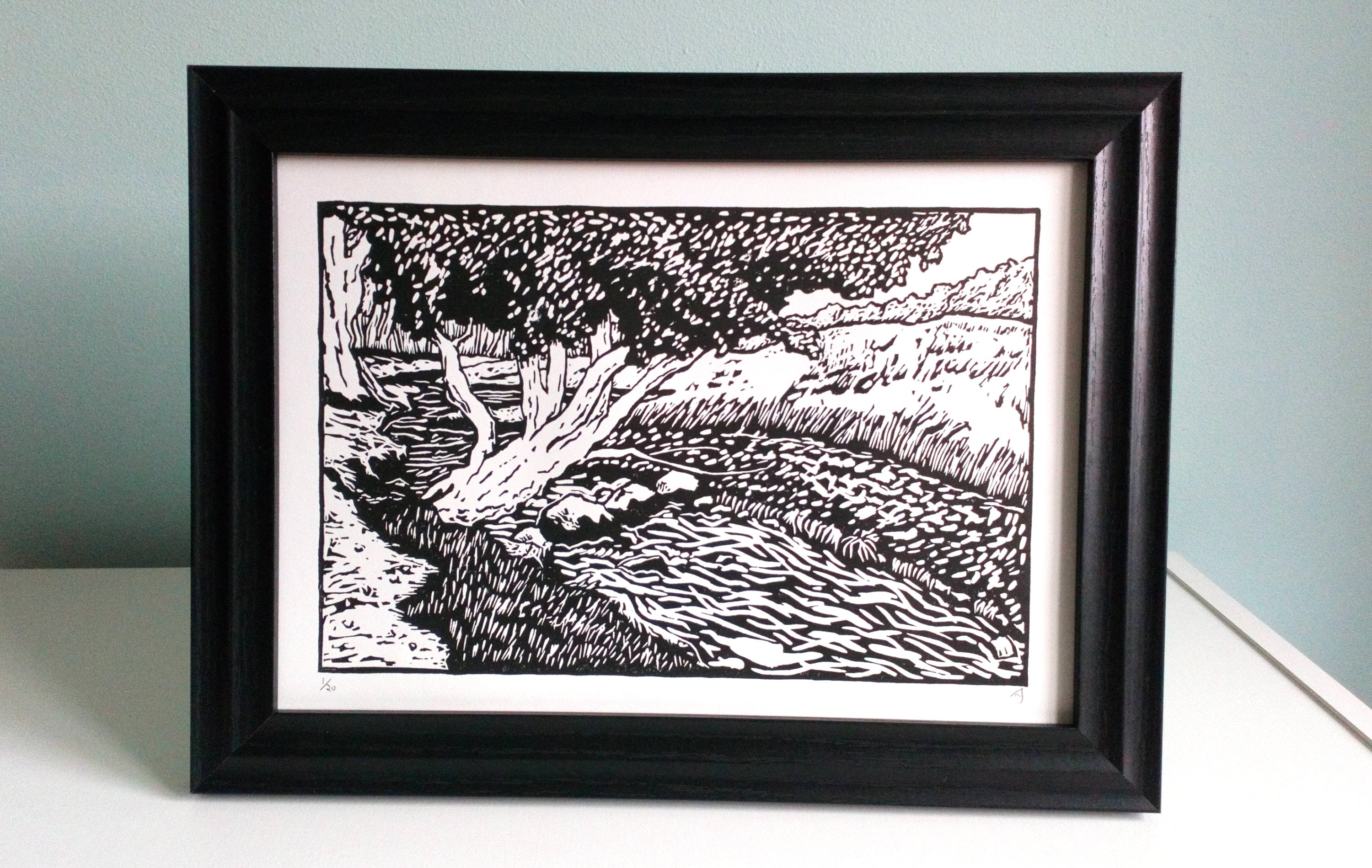 Landscape Linocut Print With Tree Overhanging A Stream, A4 Black and ...